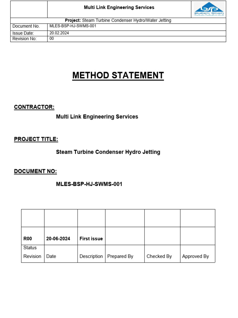 Work Method Statement Steam Turbine Condenser HydroWater Jetting | PDF ...