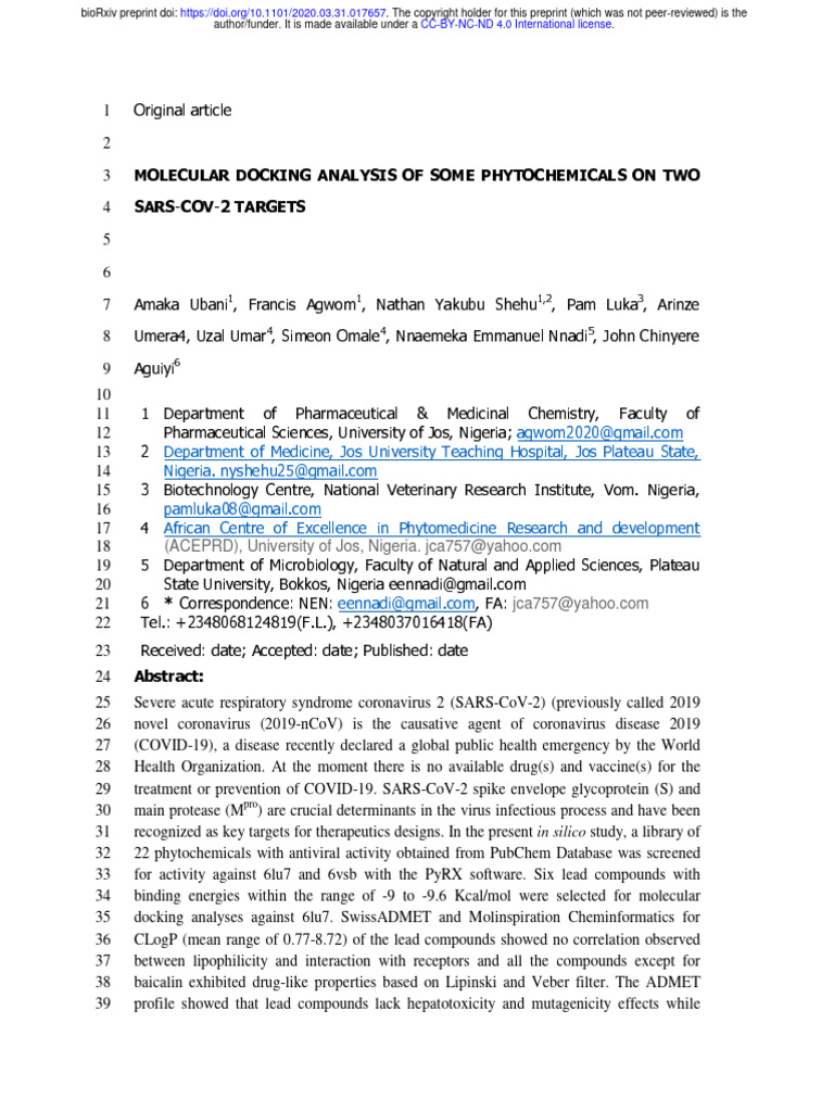 Molecular Docking Analysis of Some Phytochemicals On Two SARS-CoV-2 Targets by Amaka Ubani ...