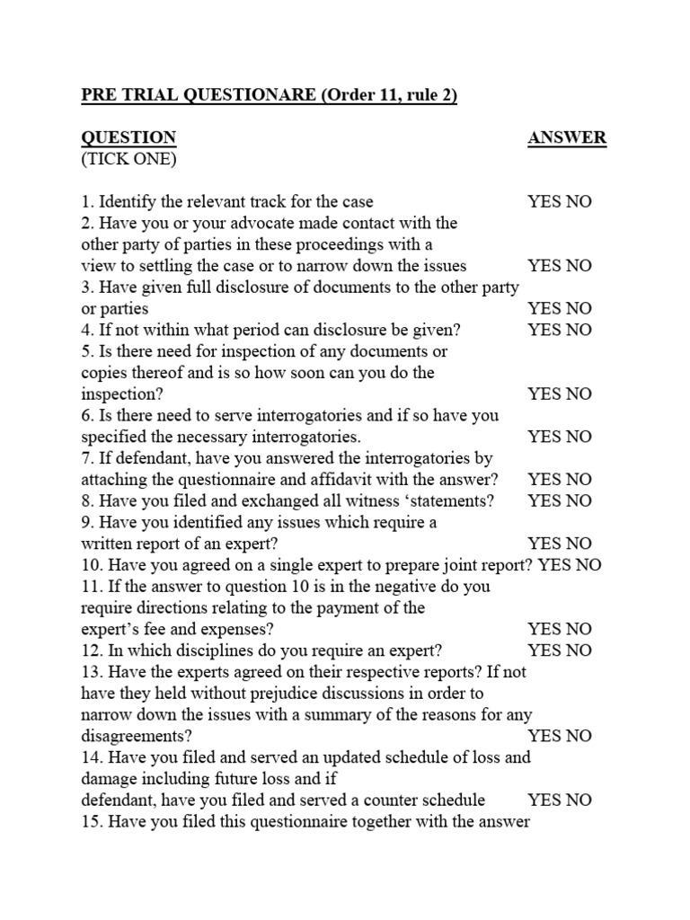 Pre Trial Questionare | PDF | Discovery (Law) | Government