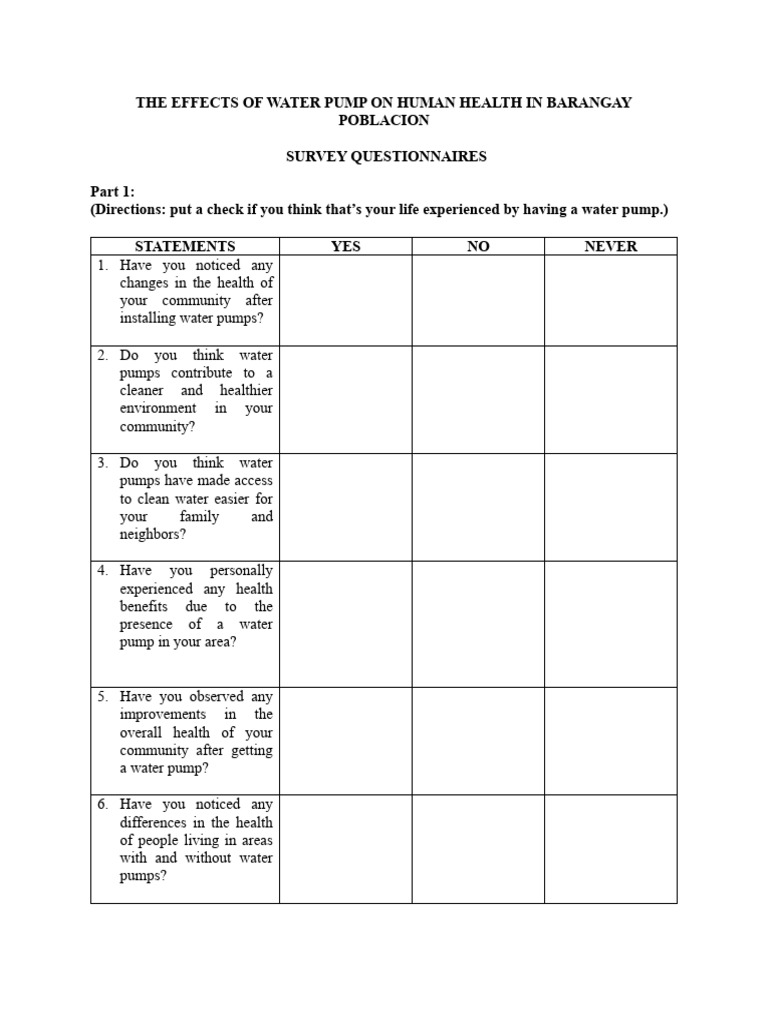 Water Pumps' Health Impact Survey | PDF | Water