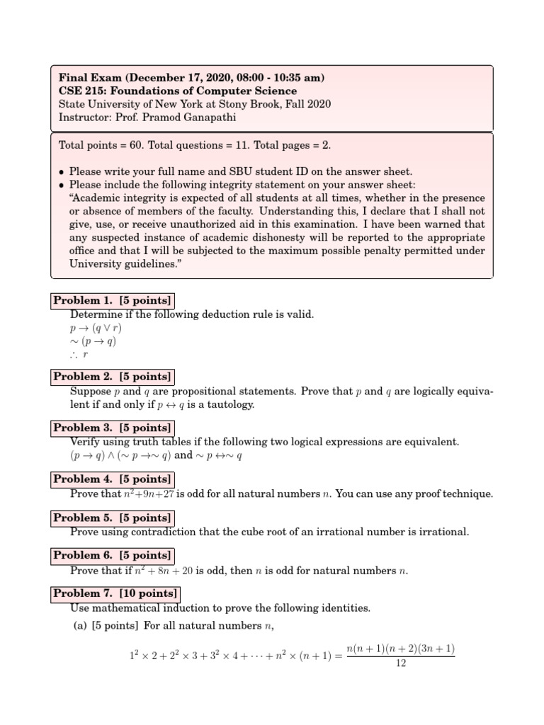CSE215 2020fall Final Section1 | PDF | Mathematics | Mathematical Logic