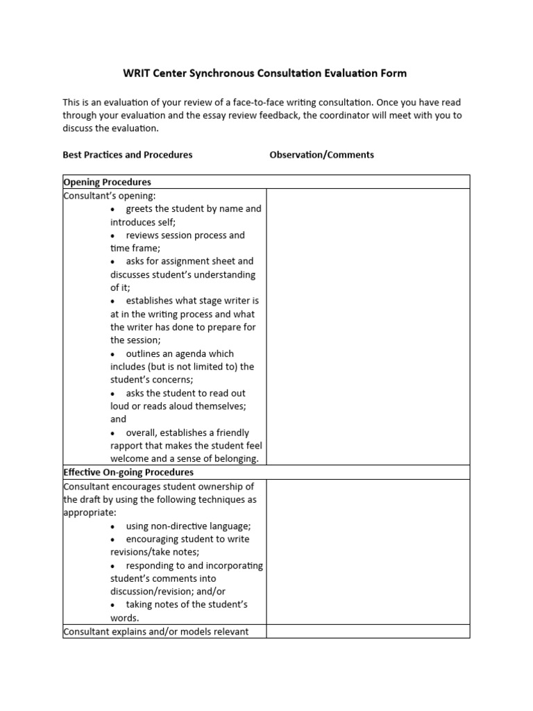 Writing Center Synchronous Consultation Evaluation Form 2024 | PDF ...
