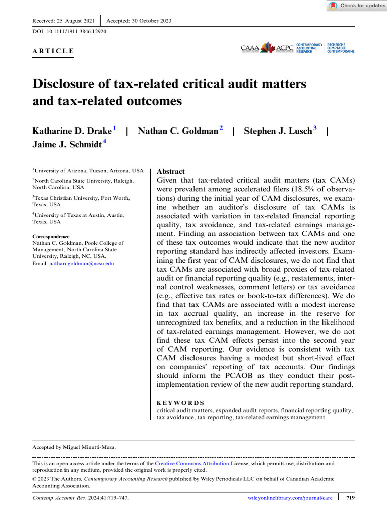 Contemporary Accting Res - 2023 - Drake - Disclosure of Tax Related ...