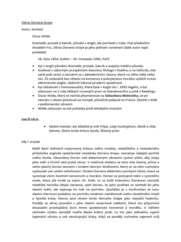 Obraz Doriana Graye - Rozbor K Maturitě | PDF