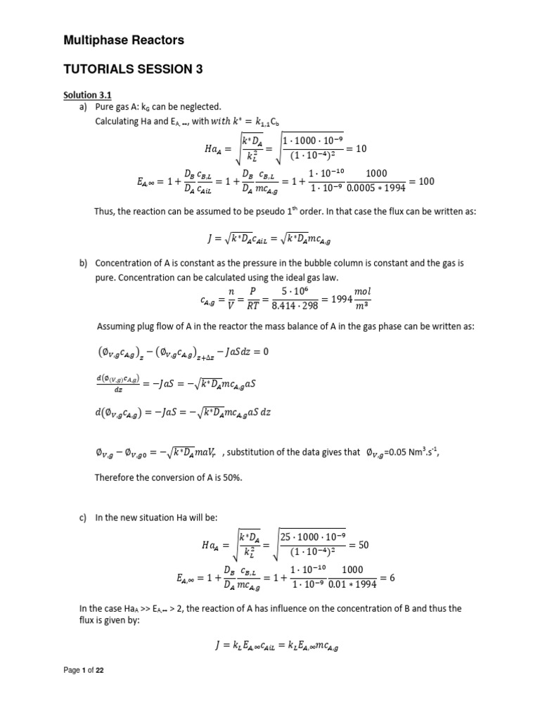 Solutions Tutorials Session 3 | PDF | Gases | Chemical Reactor