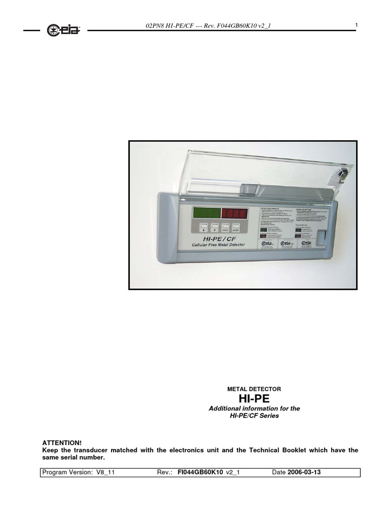 METAL DETECTOR HI-PE Additional Information For The HI-PE Series | PDF ...