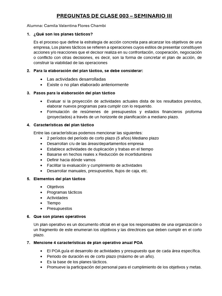 PREGUNTAS DE CLASE 003- CAMILA FLORES | PDF | Planificación | Planificación estratégica