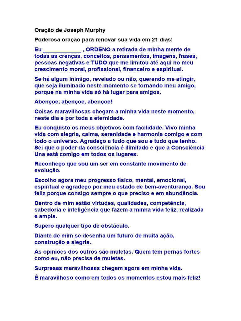 Oração de Joseph Murphy | PDF | Vida | Pensamento