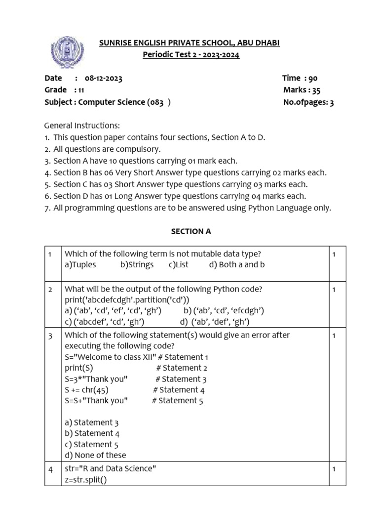 Grade 11 CS P2 Exam QP 2023-24 | PDF | String (Computer Science) | Computer Engineering