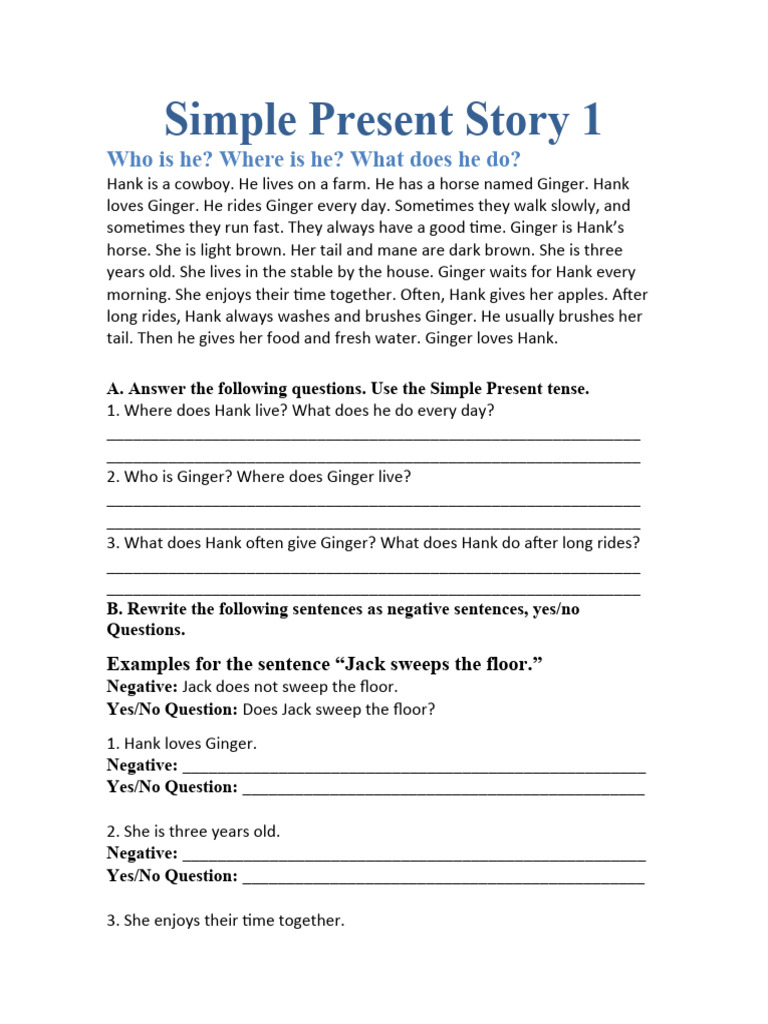 Simple Present Story 1 (1) | Download Free PDF | Horses