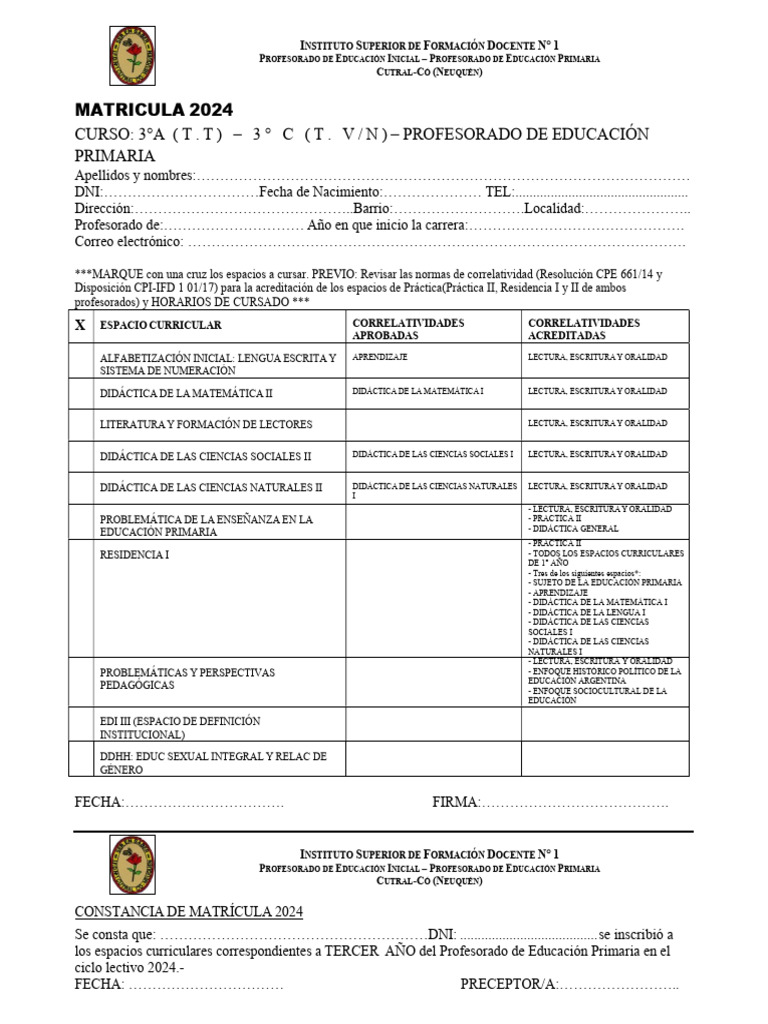 Matrícula 2024 Profesorado Primaria | PDF | Educación primaria | Maestros