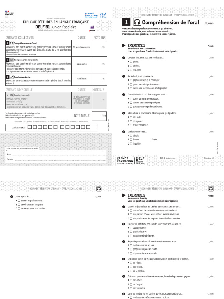 Examen DELF B1 Junior 2024 | PDF | Bénévolat | Apprentissage