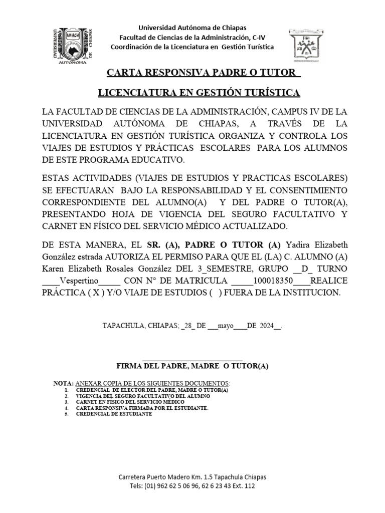 Carta Responsiva, PADRE O TUTOR | PDF