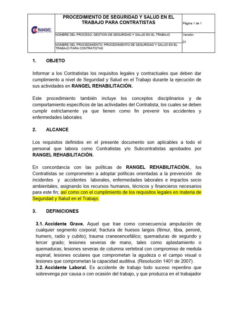 Procedimiento de SGSST para Contratistas | PDF Procedimiento de SGSST para Contratistas | PDF