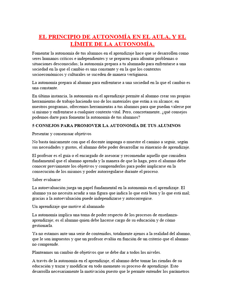 El Principio de Autonomía en El Aula | PDF | Aprendizaje | Maestros