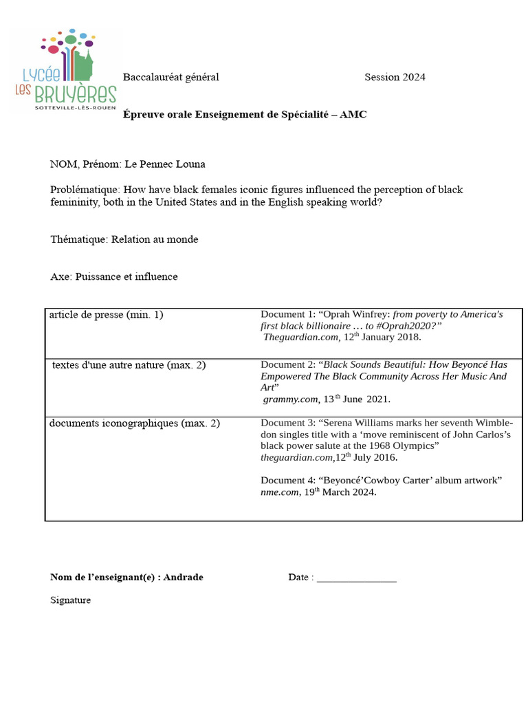 Page Garde BAC Oral AMC 2024 | PDF | Beyoncé | Oprah Winfrey