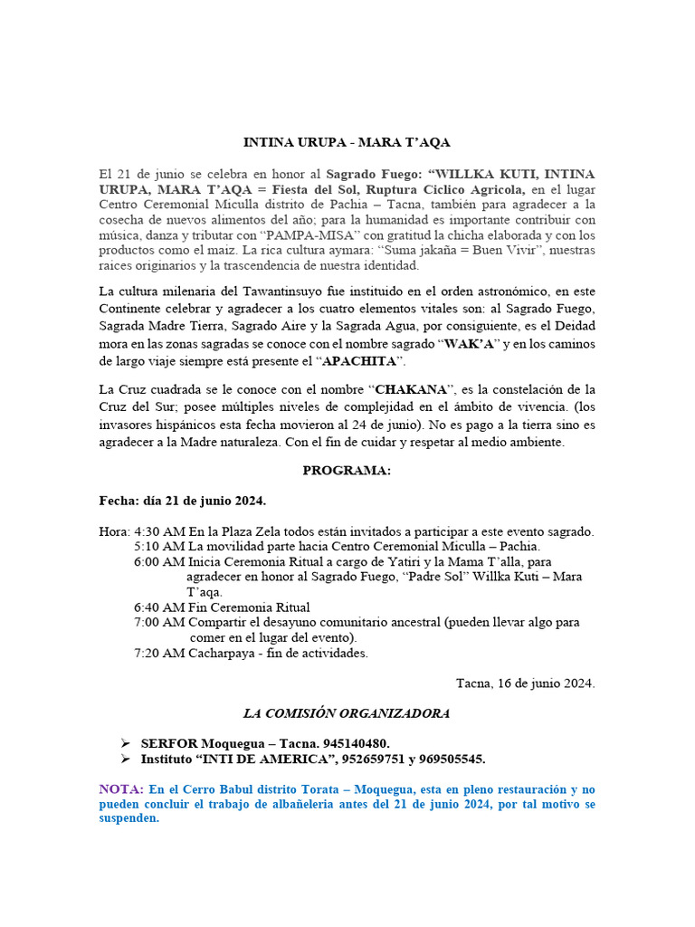 Fiesta del Sol: Intina Urupa 2024 | PDF