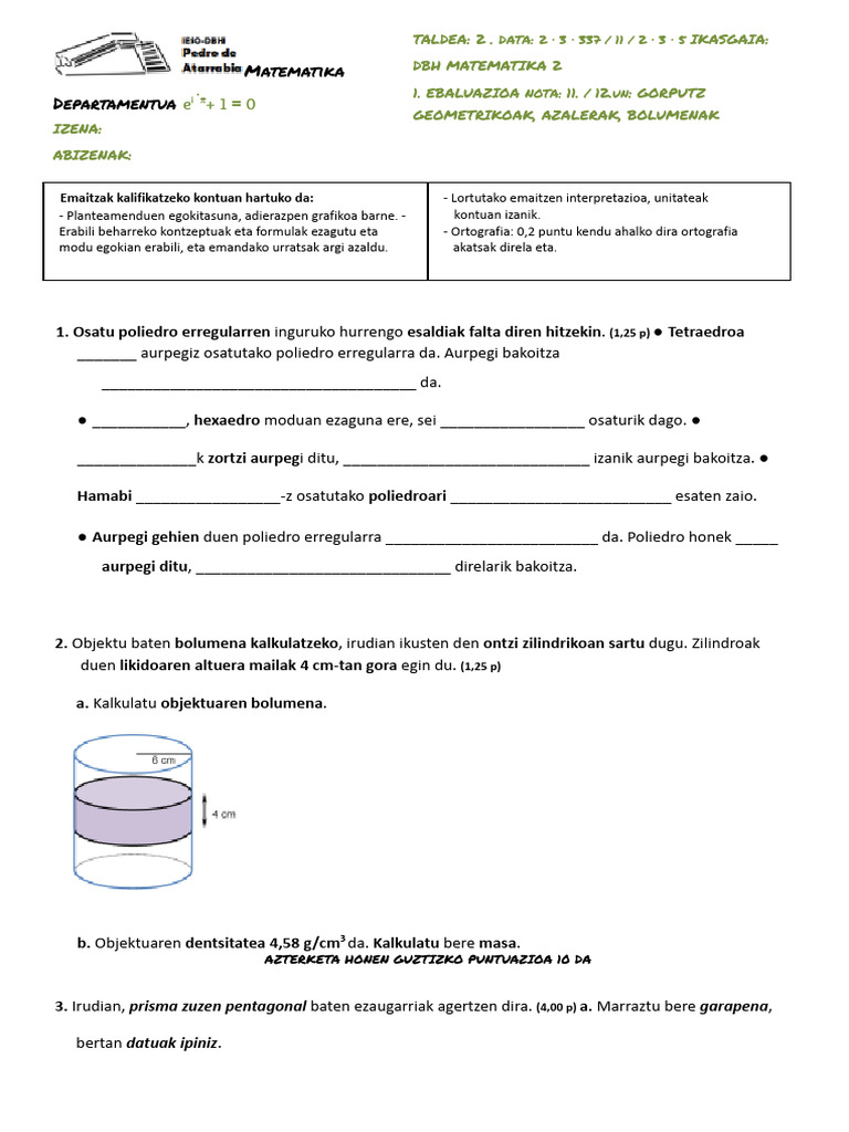 Dbh2 F G 11 12 Un Gorputz Geometrikoak Azterketa 2022 2023 | PDF