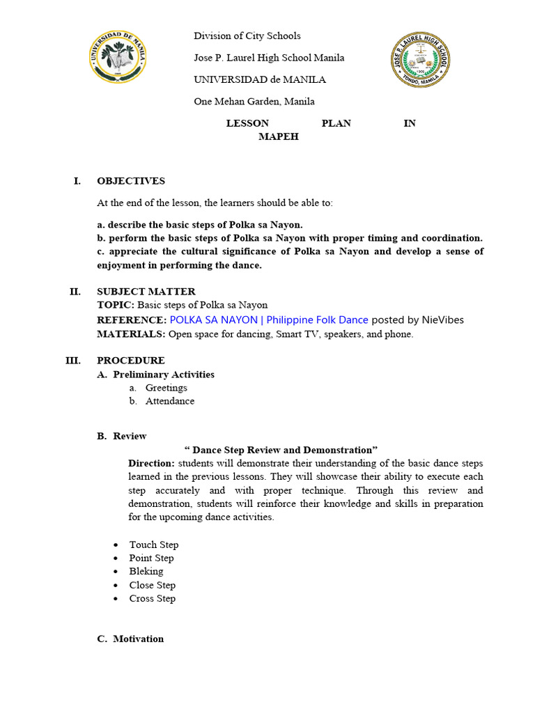 Cachola_Lesson-Plan-PE_PolkaSaNayon | PDF | Synchronization | Dances