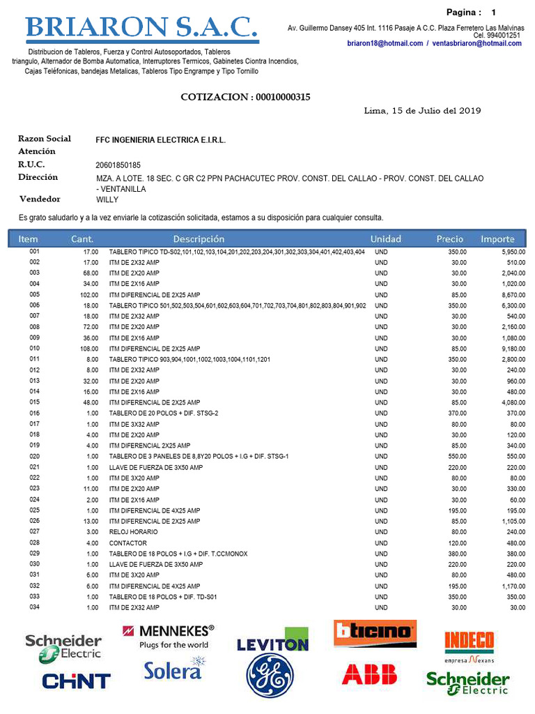 Cotizacion 0000315 | PDF | Ingenieria Eléctrica | Electricidad