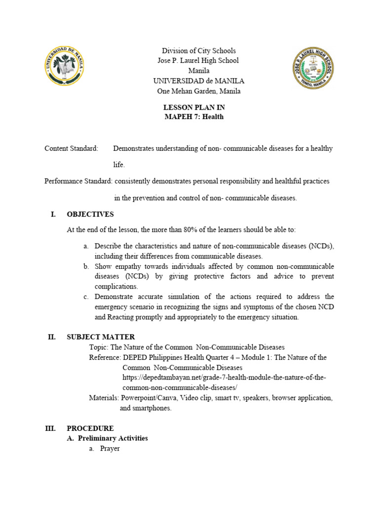 Cachola Lesson-Plan-health Natureofnoncom | PDF | Non Communicable ...