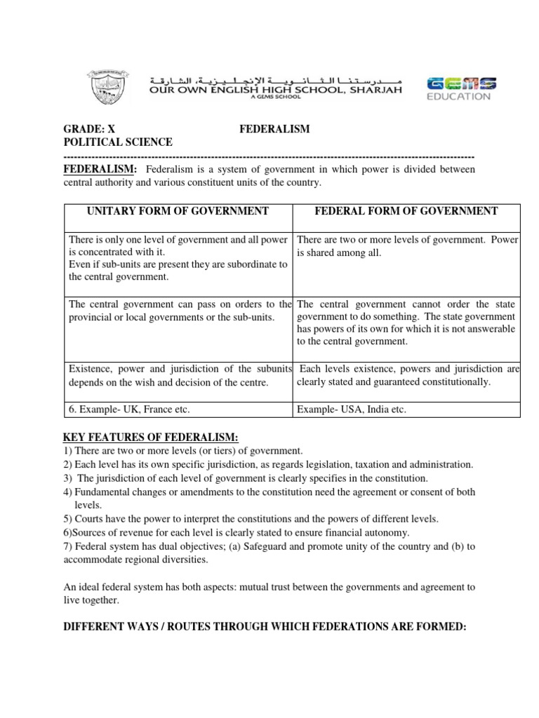 10-Federalism Notes | PDF | Government | Governance