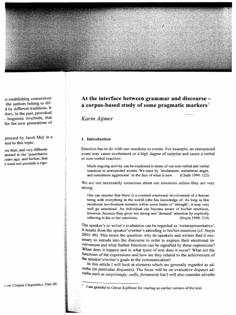 At the Interface of Grammar and Discourse Corpus Based Study on Pragmatic Markers | PDF