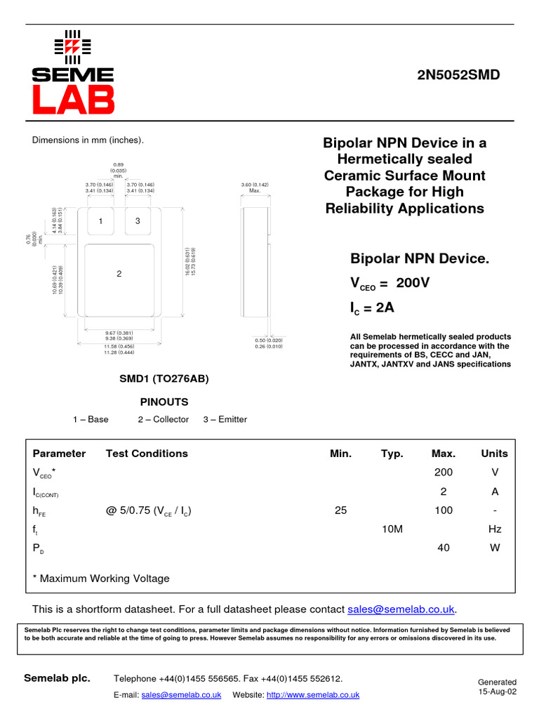 2 N 5052 SMD | PDF | Bipolar Junction Transistor | Semiconductors