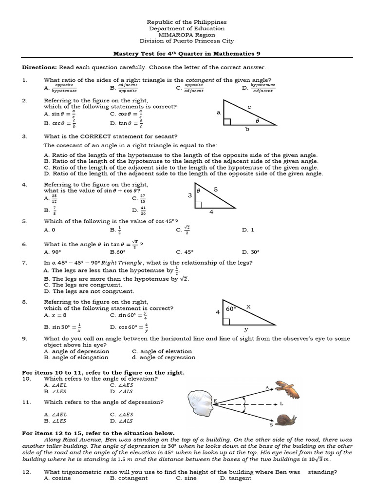 Mastery Test: Math 9 Trigonometry | PDF | Triangle | Trigonometric ...
