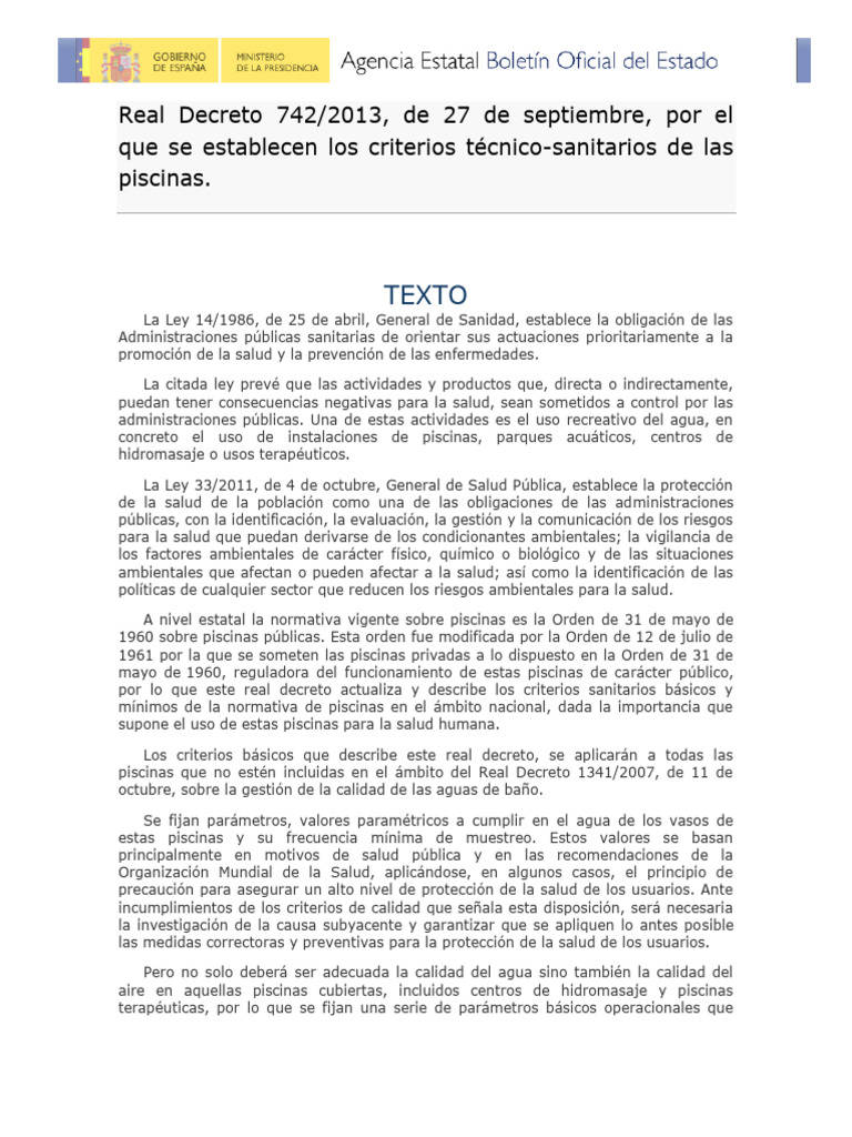 Real Decreto 742 | PDF | Piscina | Agua