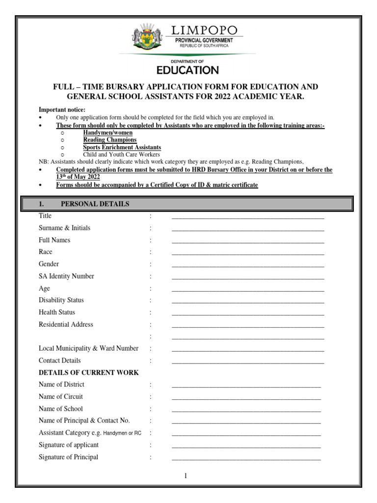 LDOE Bursary Application Form For PYEI School Assistants 2022 | PDF ...