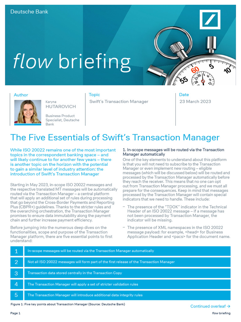 Deutsche Bank Flow Briefing The Five Essentials of Swift S Transaction ...