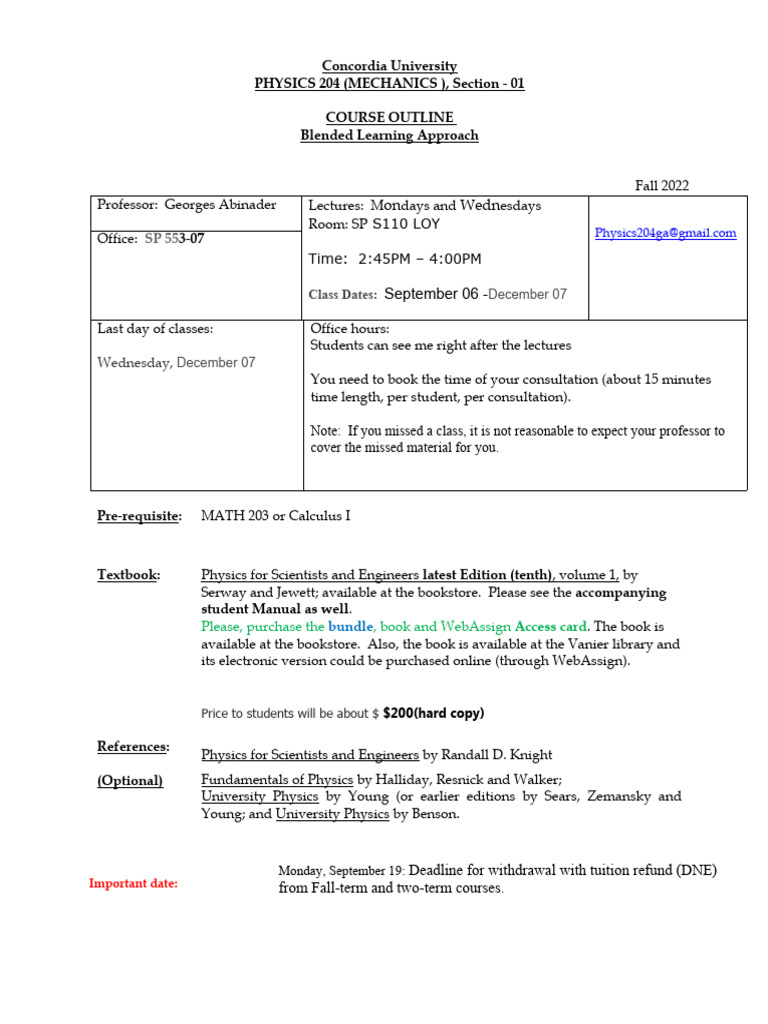 1 - PHYS 204 - Course Outline - Fall 2022-Section - 01 | PDF ...
