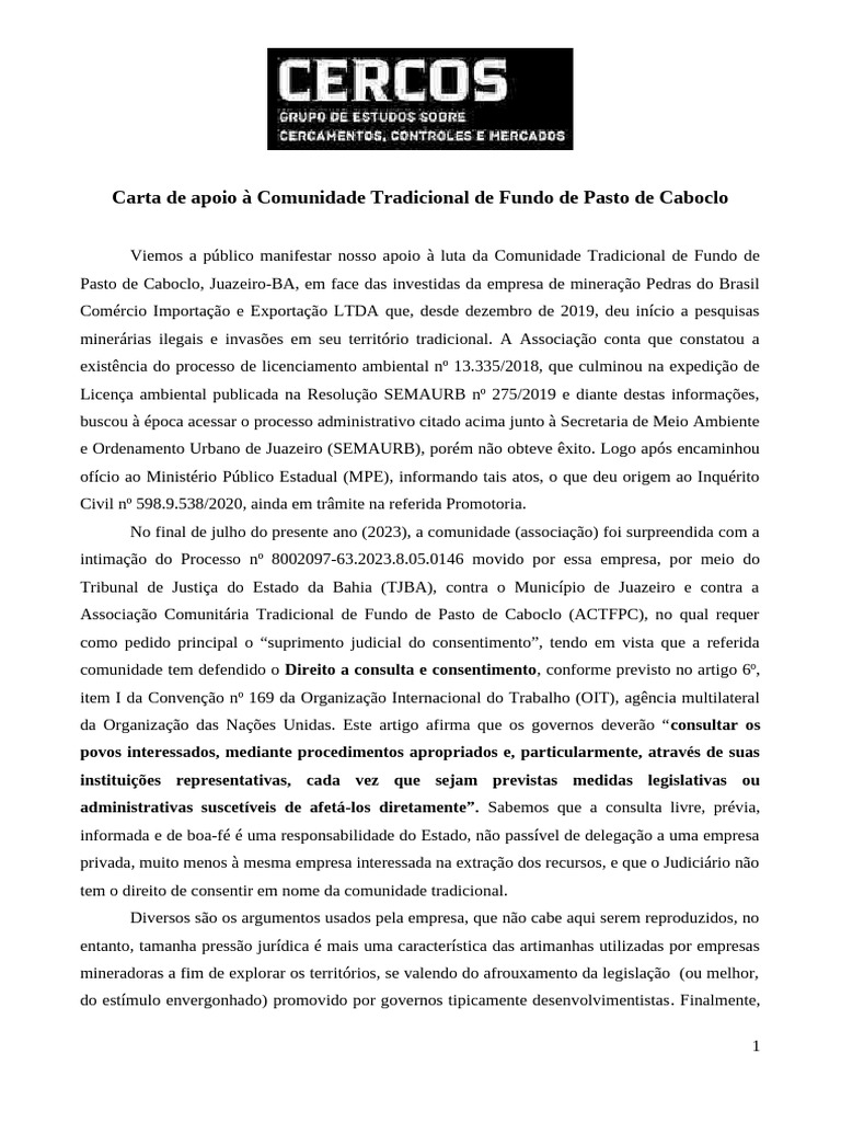Carta de apoio à Comunidade Tradicional de Fundo de Pasto de Caboclo | PDF | Estado