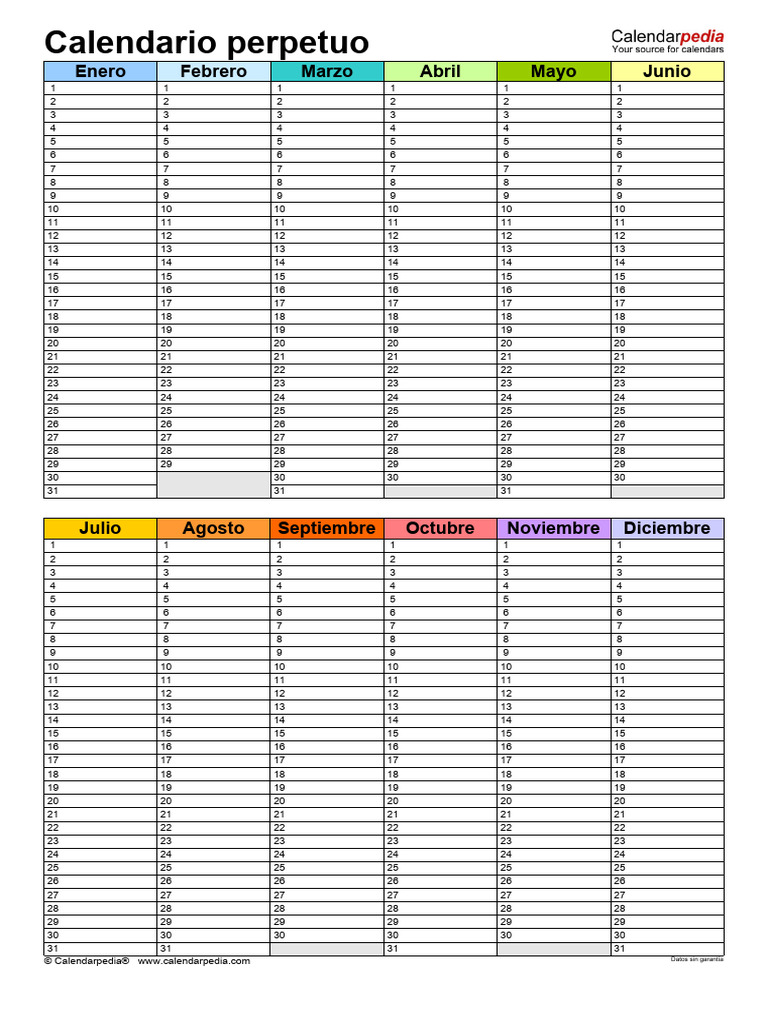 Calendario Perpetuo Vertical en Color | PDF