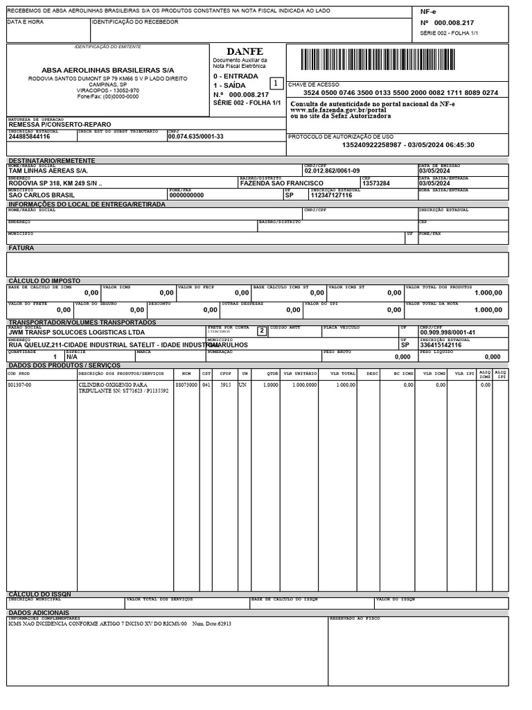 Danfe Serie 2 NF 8217 | PDF | Recibo | Marketing