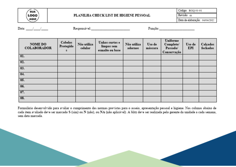 Planilha Check List de Higiene Pessoal | PDF Planilha Check List de Higiene Pessoal | PDF