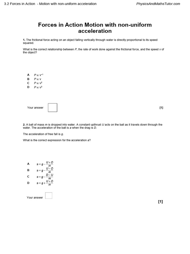 3.2 Forces in Action - Motion With Non-Uniform Acceleration QP | PDF ...