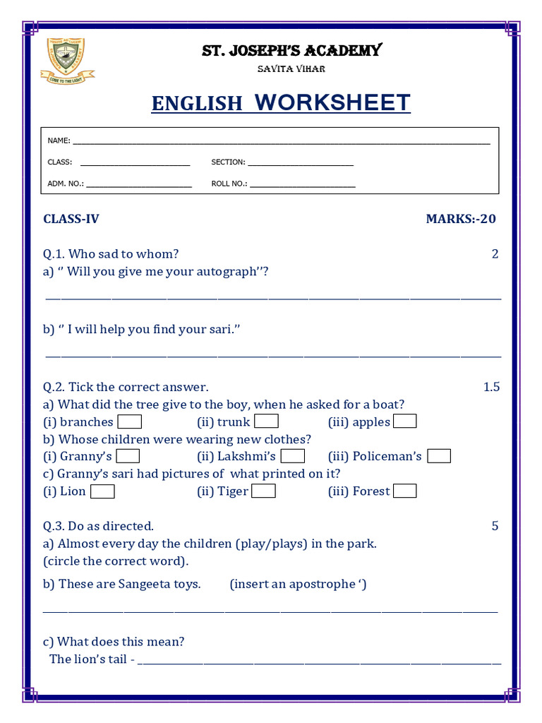 Class 4 English and Maths Worksheets | PDF