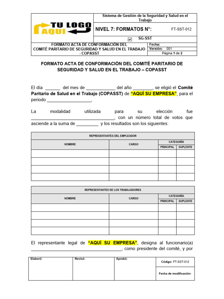 FT-SST-012 Formato de Acta de Conformaci+ N Del COPASST | PDF | Elecciones | Gobierno