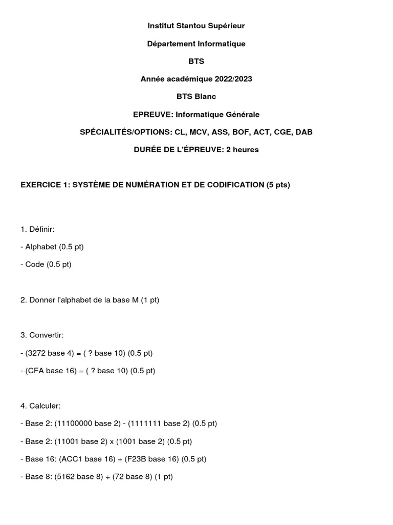 Épreuve BTS Informatique Générale 2023 | PDF | Informatique | Système d ...