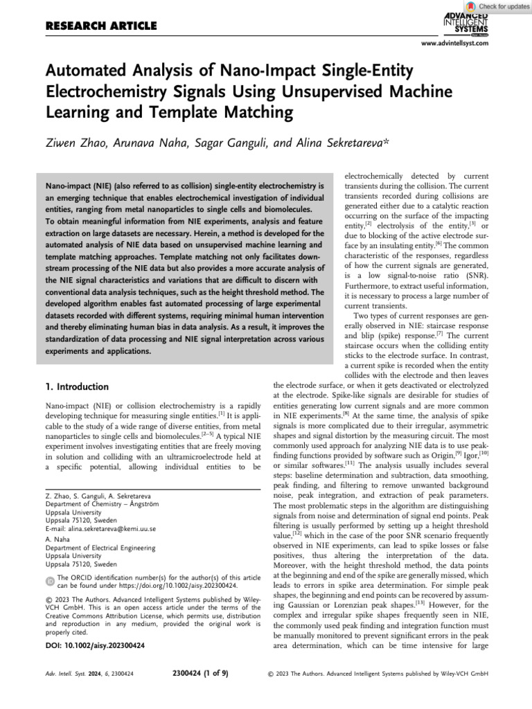 Advanced Intelligent Systems - 2023 - Zhao - Automated Analysis of Nano‐Impact Single‐Entity ...