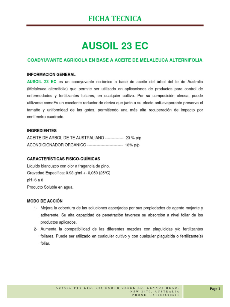 Ficha Técnica de Ausoil 23 EC | PDF | Pesticida | Agua