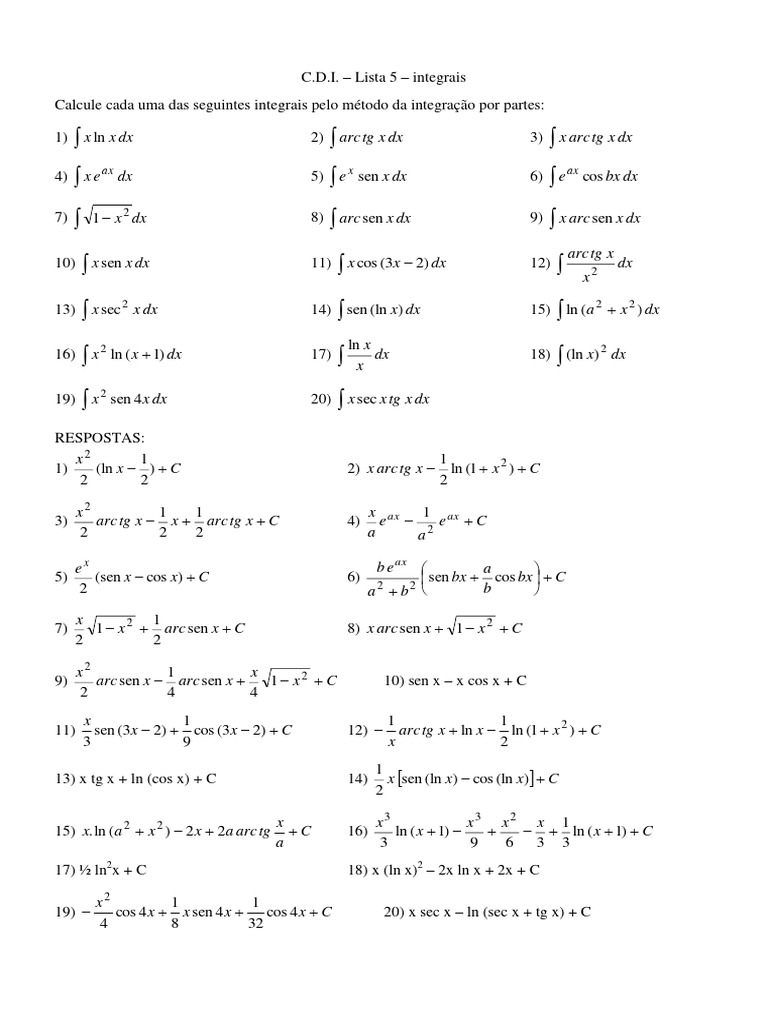 Lista 5 (Integrais) | PDF