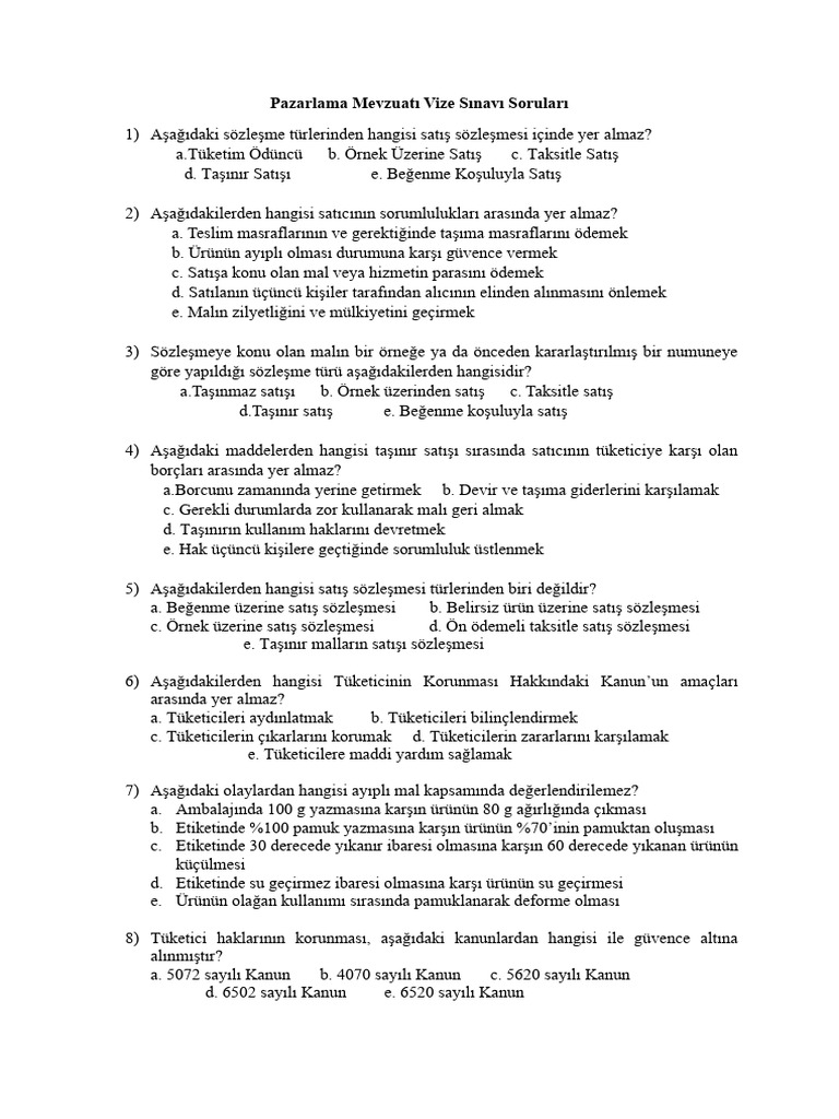 Pazarlama Mevzuatı Vize Sınavı Soruları | PDF