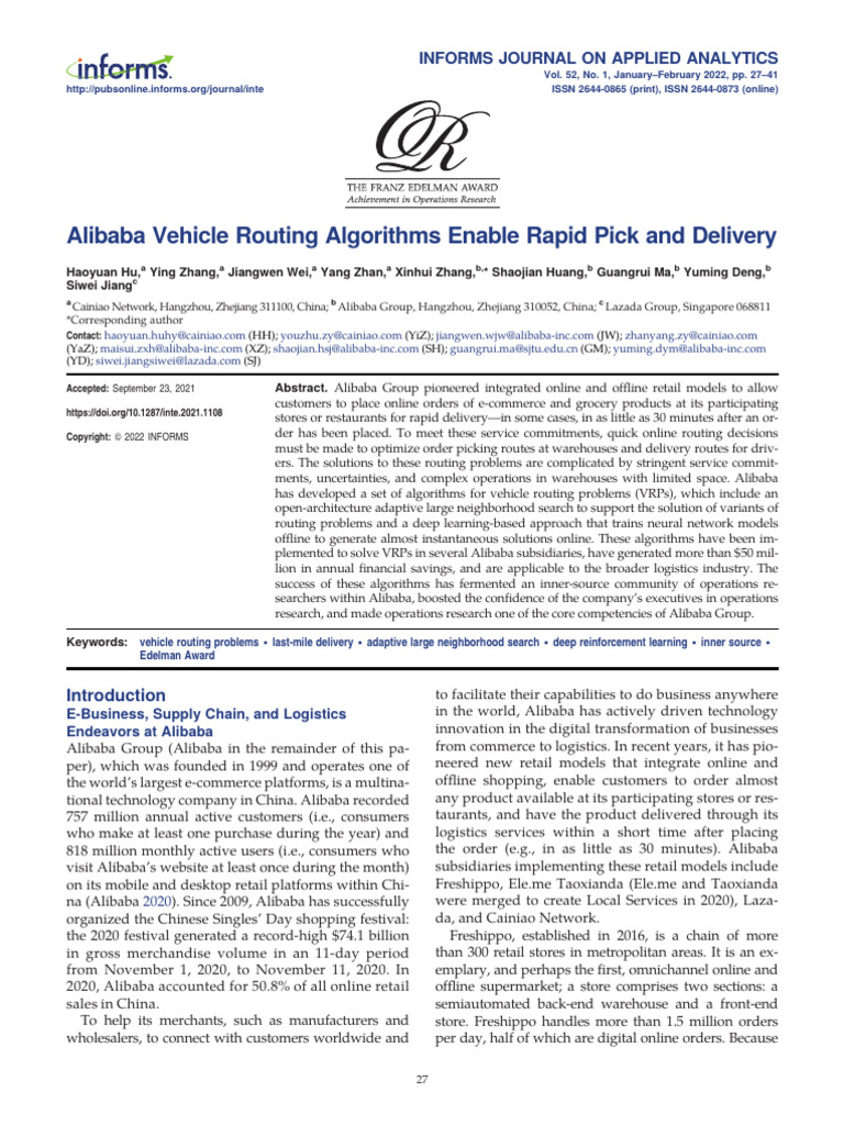 Alibaba Vehicle Routing Algorithms Enable Rapid Pick And Delivery Pdf