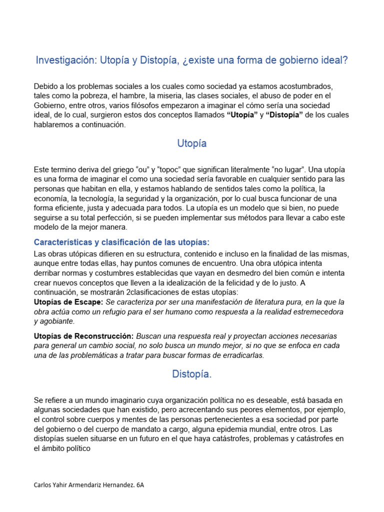 Utopía y Distopía: Gobierno Ideal Analizado | PDF | utopía | Distopía