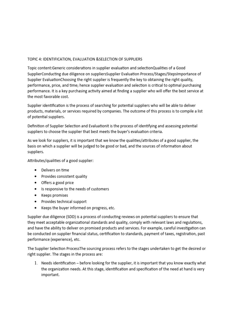 Identification, Evaluation and Sellection of Suppliers-1 | PDF | Supply ...