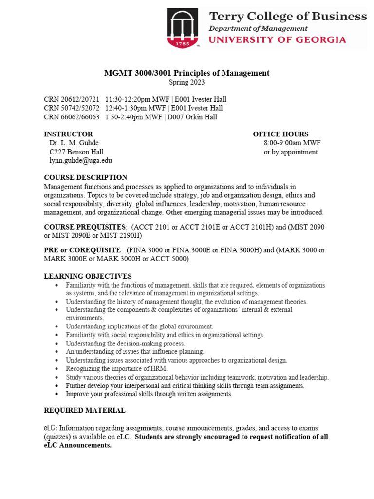 MGMT 3000 Syllabus | Download Free PDF | Organizational Behavior | Leadership