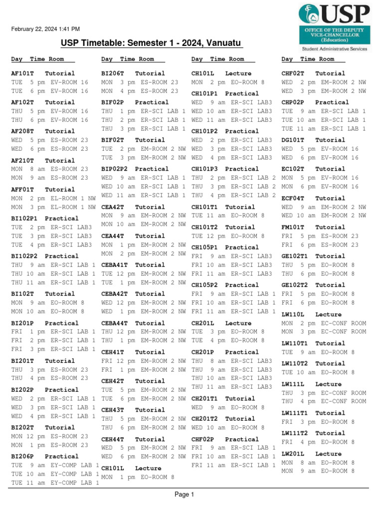 USP Semester 1 Timetable 2024 Vanuatu | PDF | Home & Garden ...